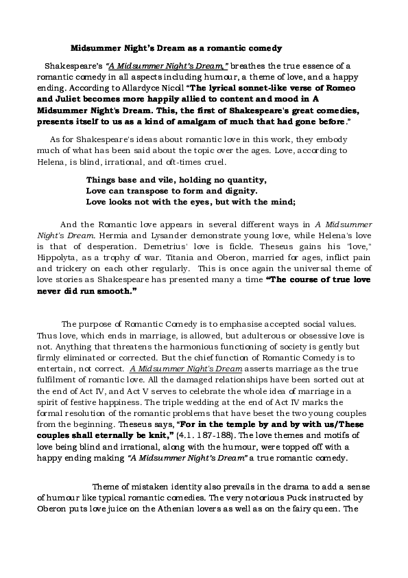 (DOC) A Midsummer Night's Dream as a Romantic Comedy