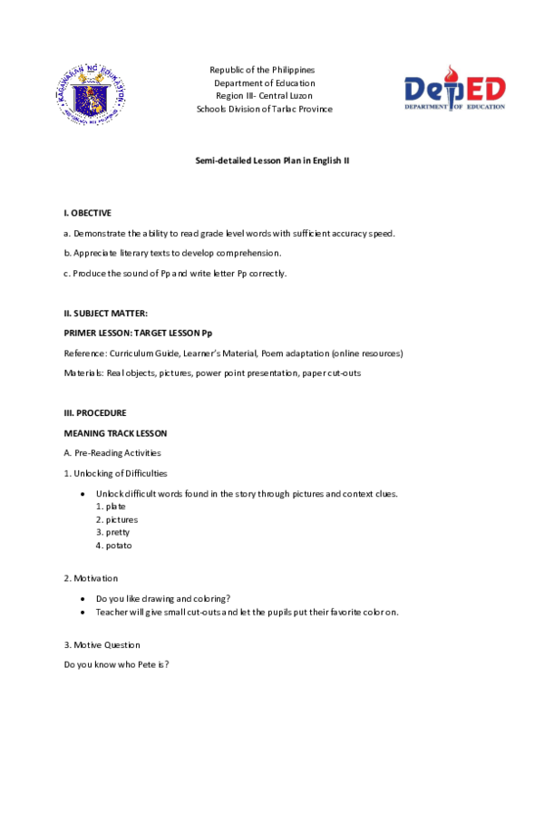 (DOC) Primer Lesson Plan DEMO | Catherine Salvador - Academia.edu
