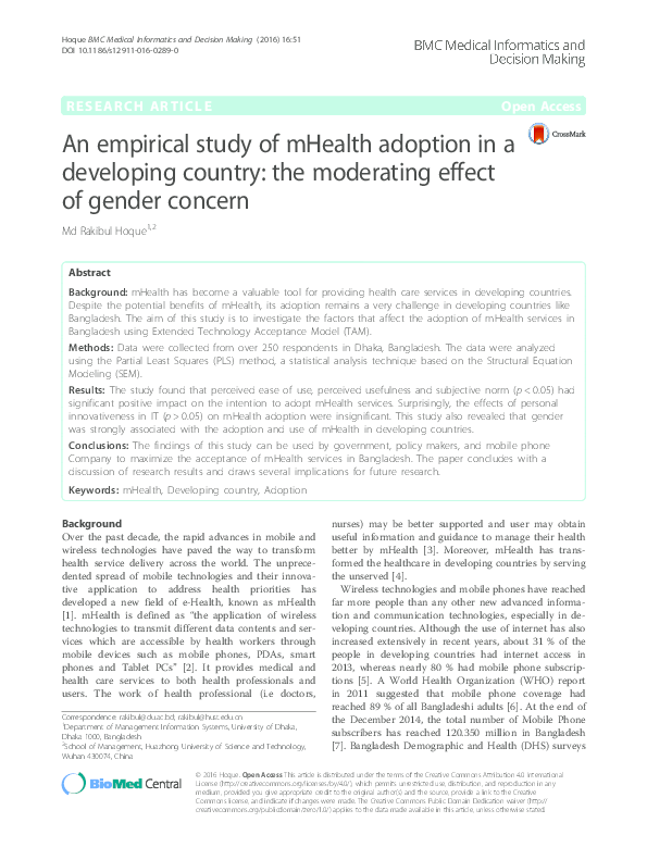(PDF) An empirical study of mHealth adoption in a developing country ...