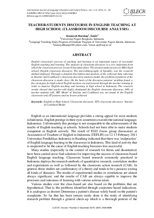 (PDF) TEACHER-STUDENTS DISCOURSE IN ENGLISH TEACHING AT HIGH SCHOOL (CLASSROOM DISCOURSE ANALYSIS)