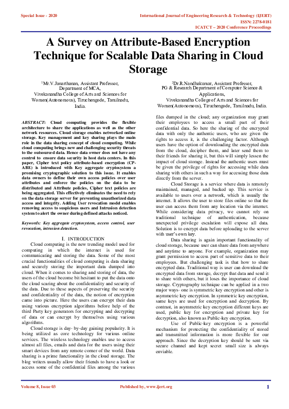 Pdf Ijert A Survey On Attribute Based Encryption Technique For Scalable Data Sharing In Cloud