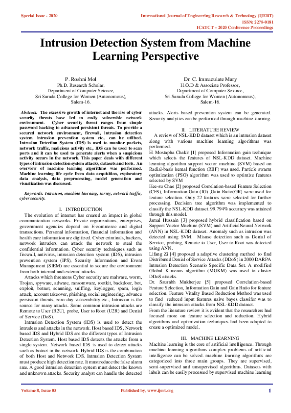 Pdf Ijert Intrusion Detection System From Machine Learning Perspective Ijert Journal