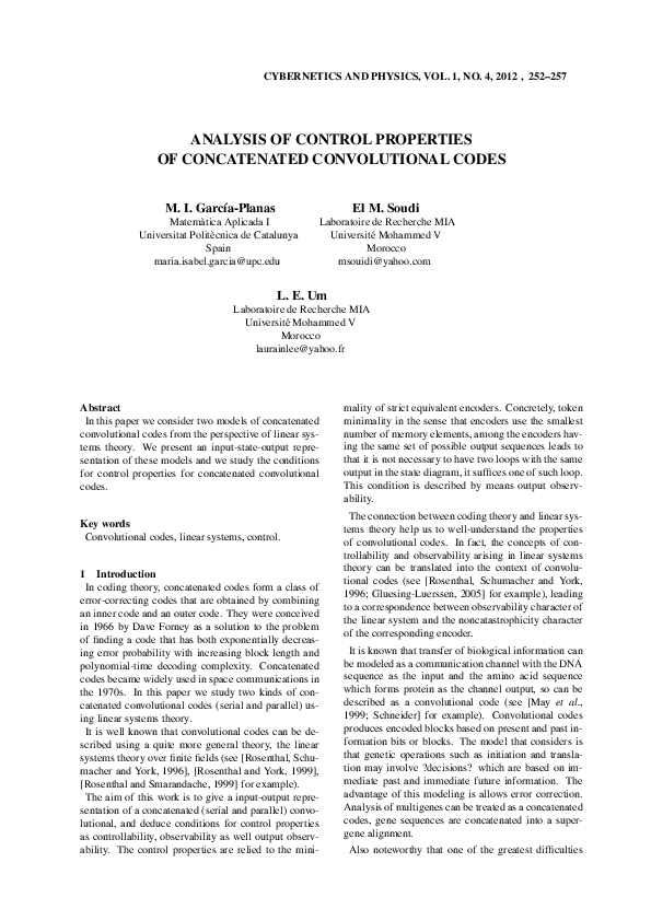 (PDF) Analysis of control properties of concatenated convolutional codes