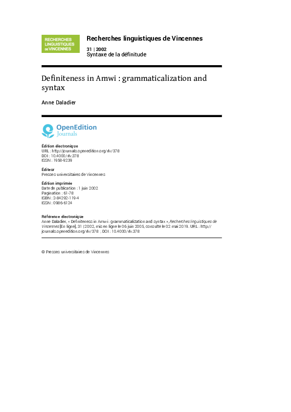 (PDF) Definiteness in Amwi : grammaticalization and syntax