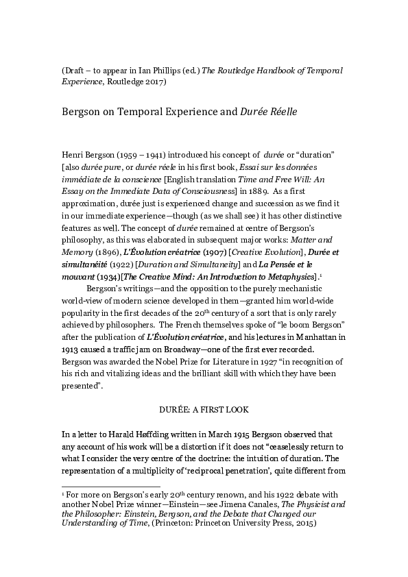 (PDF) Bergson on Temporal Experience and Durée Réelle