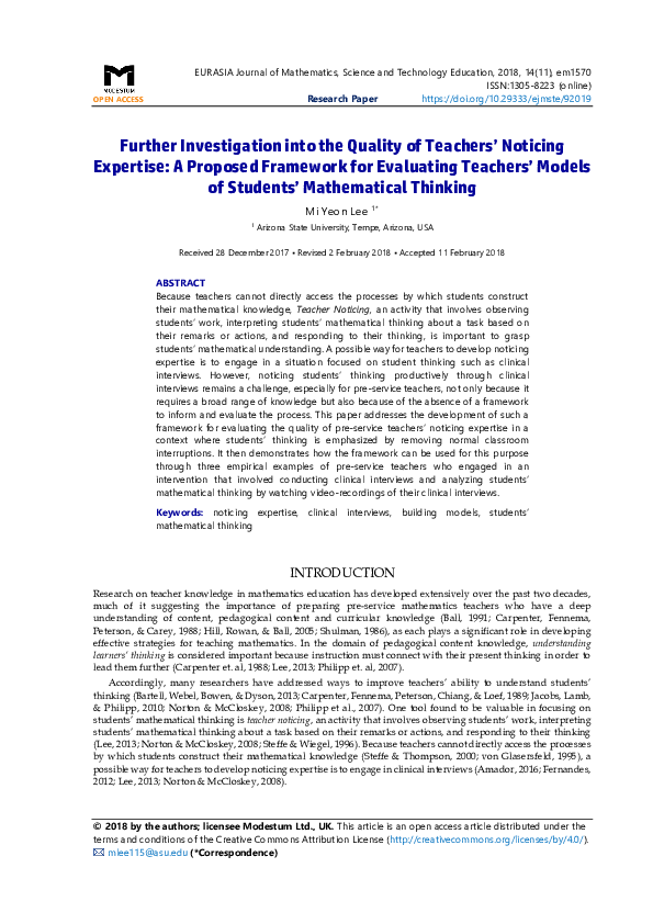 (PDF) Further Investigation into the Quality of Teachers' Noticing Expertise: A Proposed ...