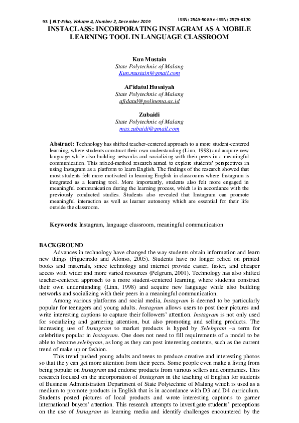 (PDF) INSTACLASS: INCORPORATING INSTAGRAM AS A MOBILE LEARNING TOOL IN ...