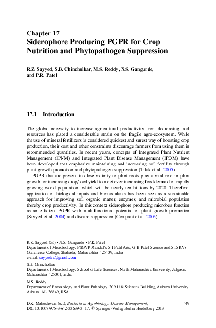 (PDF) Siderophore Producing PGPR for Crop Nutrition and Phytopathogen ...