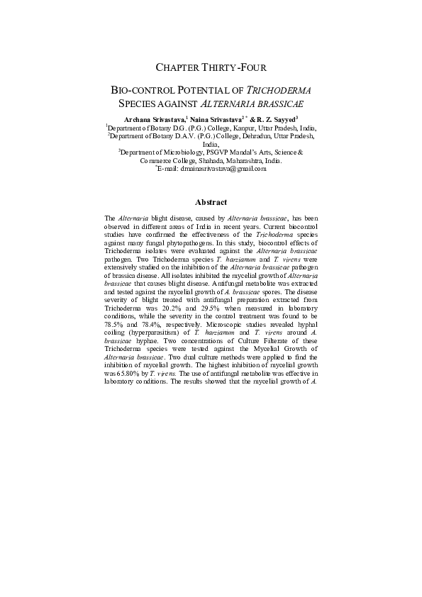 Pdf Bio Control Potential Of Trichoderma Species Against Alternaria Brassicae