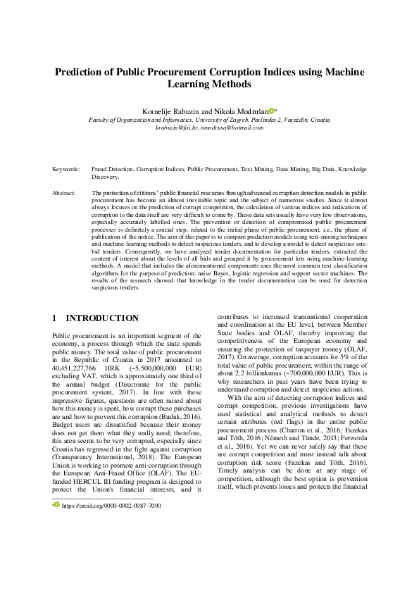 (PDF) Prediction of Public Procurement Corruption Indices using Machine Learning Methods