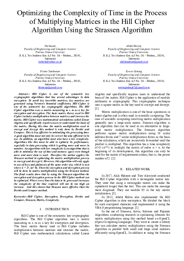 (PDF) Optimizing the Complexity of Time in the Process of Multiplying Matrices in the Hill ...