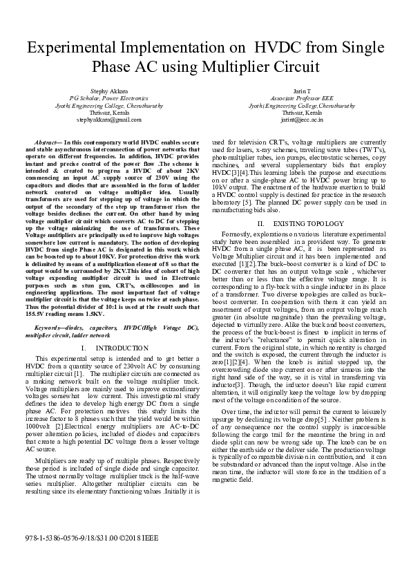 (PDF) Experimental Implementation on HVDC from Single Phase AC using Multiplier Circuit