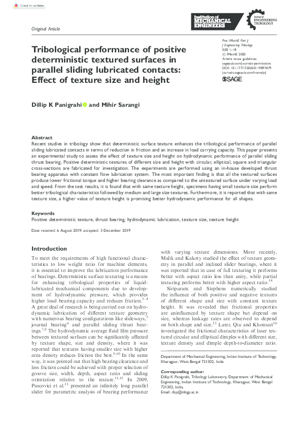 (PDF) Tribological performance of positive deterministic textured surfaces in parallel sliding ...