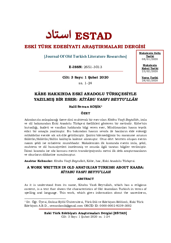 (PDF) KÂBE HAKKINDA ESKİ ANADOLU TÜRKÇESİYLE YAZILMIŞ BİR ESER: KİTÂBU ...