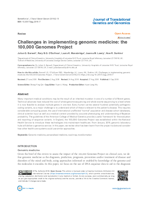 (PDF) Challenges in implementing genomic medicine: the 100,000 Genomes ...