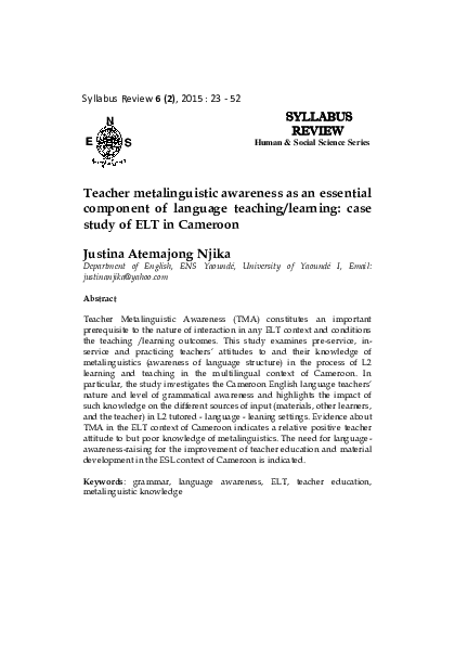 Pdf Teacher Metalinguistic Awareness As An Essential Component Of Language Teaching Learning