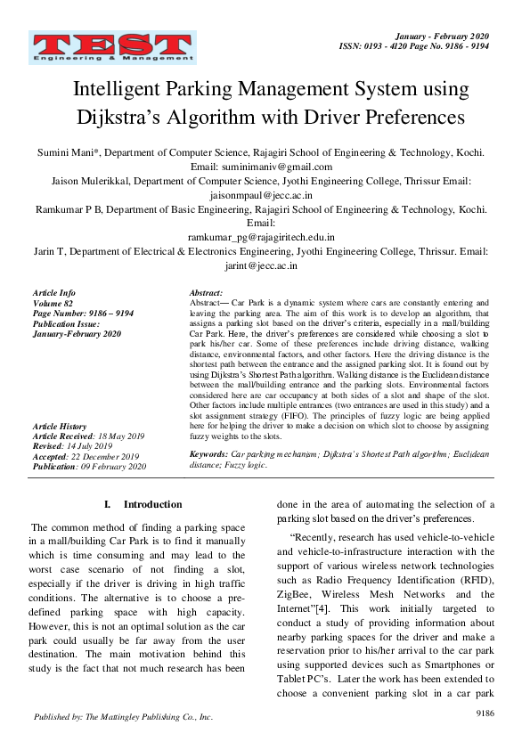 Pdf Intelligent Parking Management System Using Dijkstras Algorithm With Driver Preferences