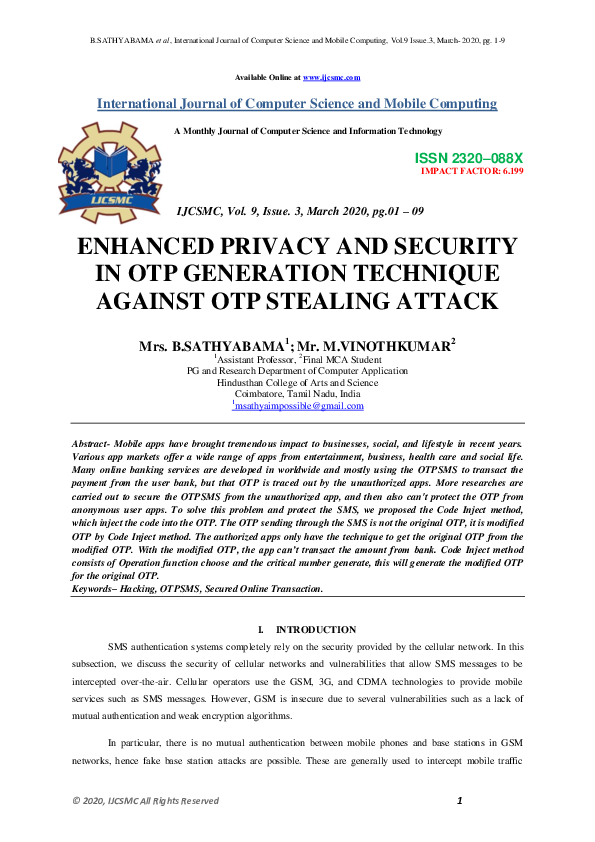 (PDF) ENHANCED PRIVACY AND SECURITY IN OTP GENERATION TECHNIQUE AGAINST ...