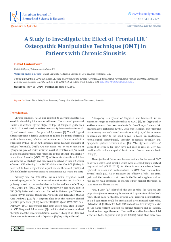 (PDF) A Study to Investigate the Effect of 'Frontal Lift' Osteopathic ...