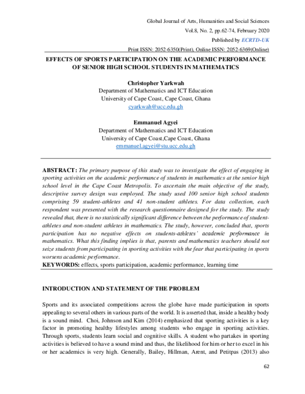 (PDF) EFFECTS OF SPORTS PARTICIPATION ON THE ACADEMIC PERFORMANCE OF ...