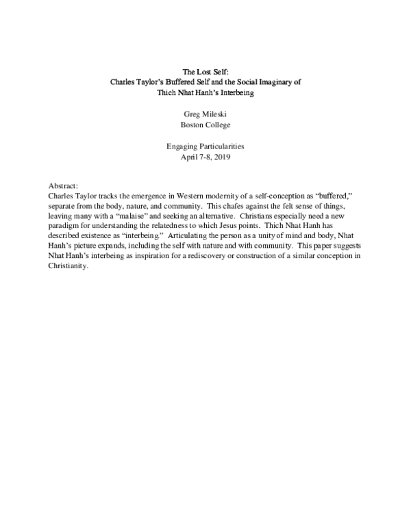 (PDF) The Lost Self: Charles Taylor’s Buffered Self and the Social ...