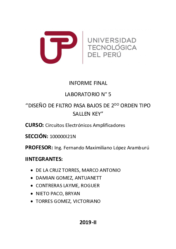 Pdf Informe Final Laboratorio N° 5 DiseÑo De Filtro Pasa Bajos De 2