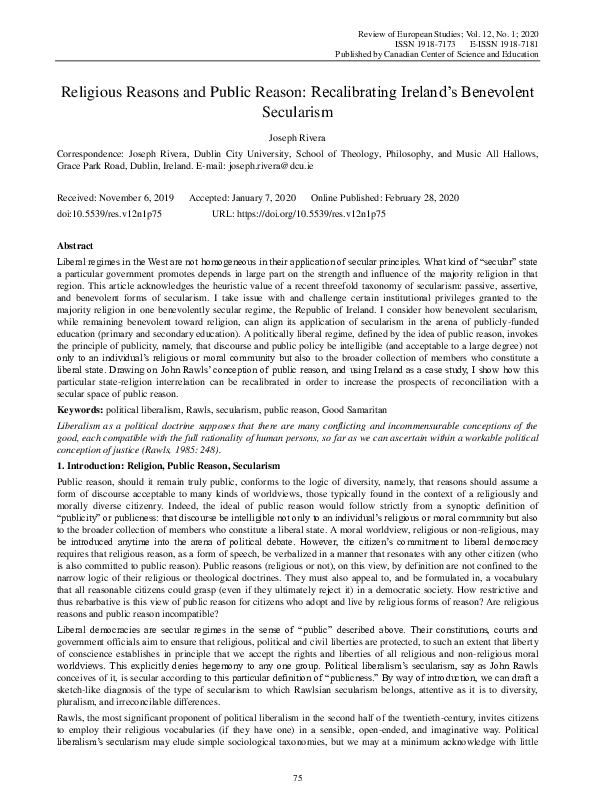 (PDF) Religious Reasons and Public Reason: Recalibrating Ireland's ...