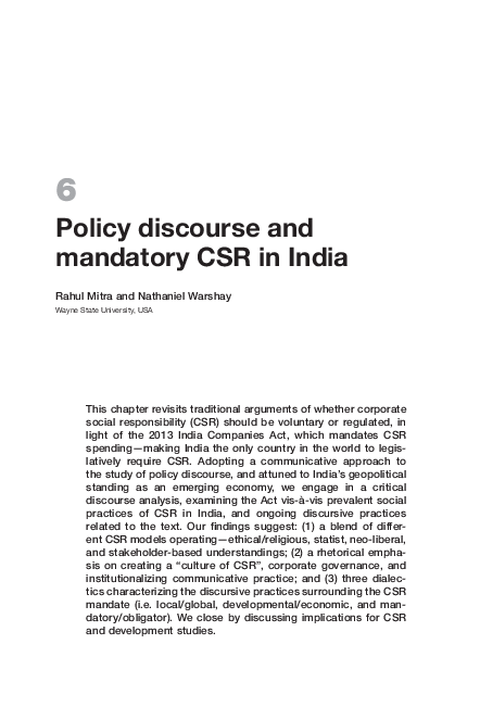 (PDF) Policy discourse and mandatory CSR in India
