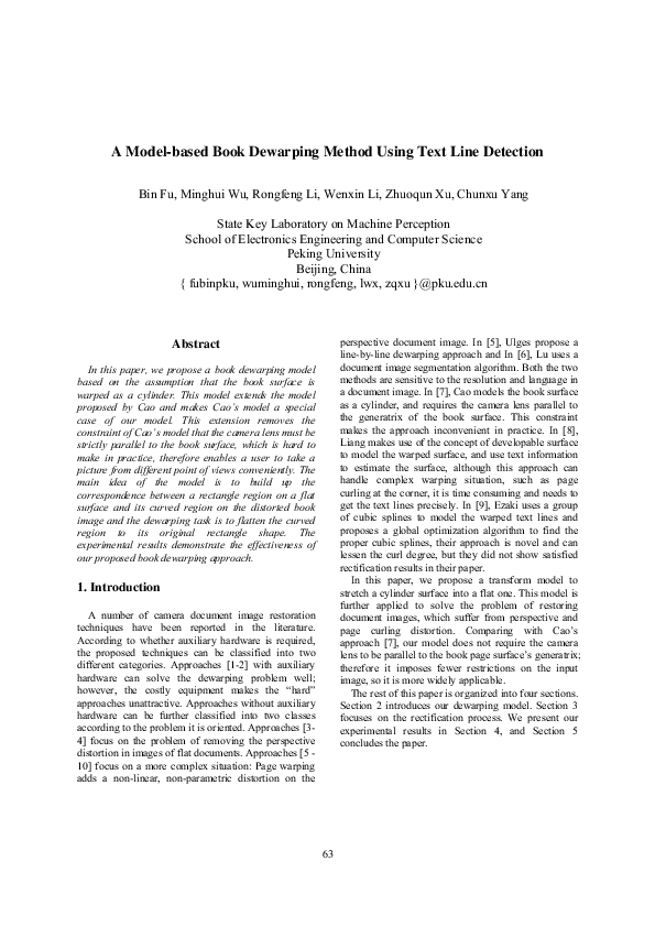 (PDF) A model-based book dewarping method using text line detection