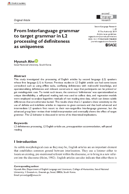 (PDF) From Interlanguage grammar to target grammar in L2 processing of ...