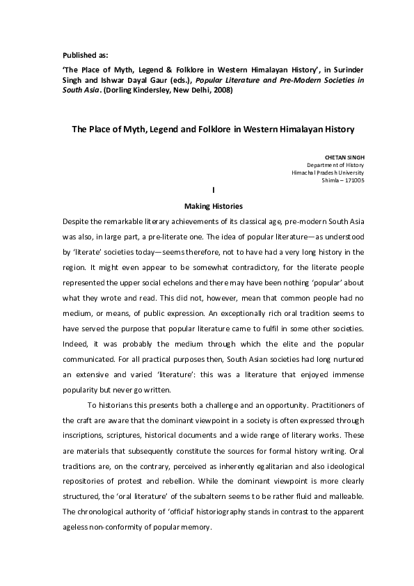 (PDF) The Place of Myth, Legend & Folklore in Western Himalayan History