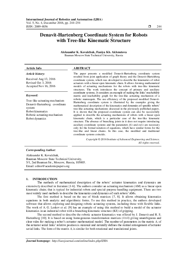 (PDF) Denavit-Hartenberg Coordinate System for Robots with Tree-like Kinematic Structure