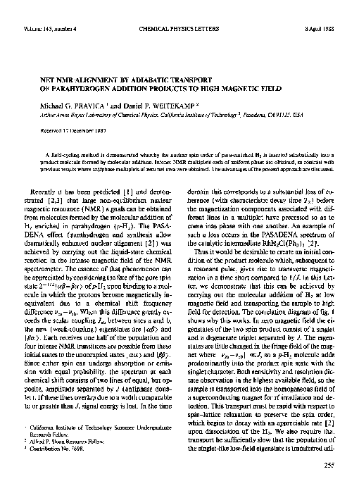 Pdf Net Nmr Alignment By Adiabatic Transport Of Parahydrogen Addition Products To High