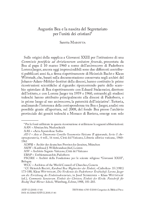 (PDF) Augustin Bea e la nascita del Segretariato per l'unità dei ...