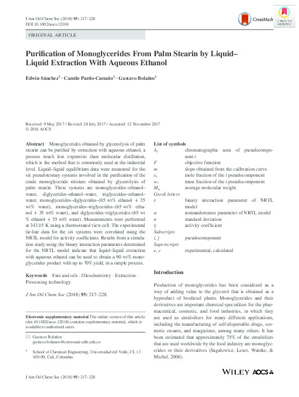 (PDF) Purification of Monoglycerides From Palm Stearin by Liquid ...
