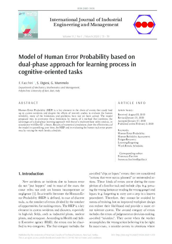 (PDF) Model of Human Error Probability based on dual-phase approach for ...