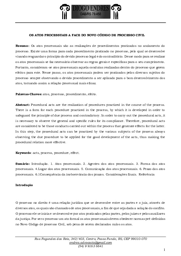 (PDF) OS ATOS PROCESSUAIS A FACE DO NOVO CÓDIGO DE PROCESSO CIVIL