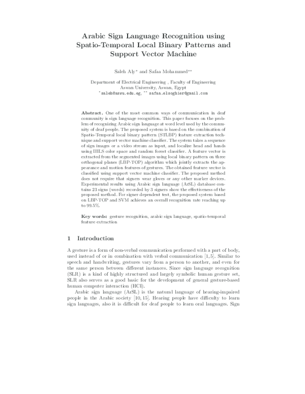 Pdf Arabic Sign Language Recognition Using Spatio Temporal Local Binary Patterns And Support 2488