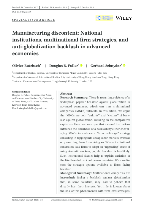 (PDF) Manufacturing discontent: National institutions, multinational ...
