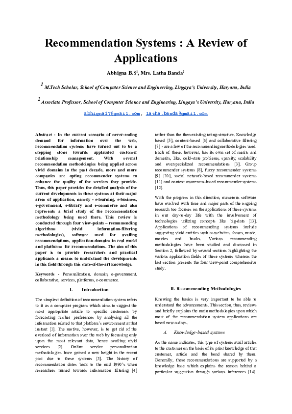 (PDF) Recommendation Systems : A Review of Applications