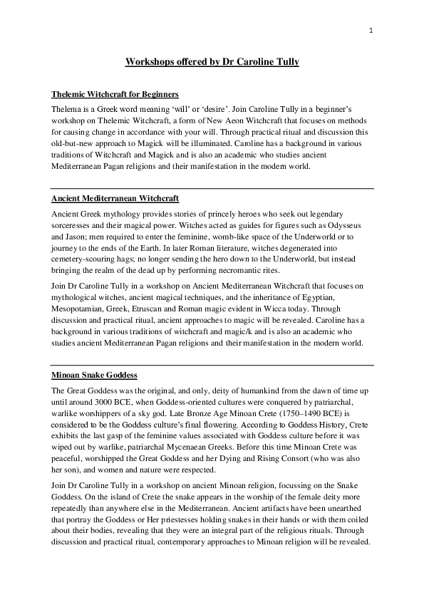 (PDF) Workshops offered by Dr Caroline Tully 2020