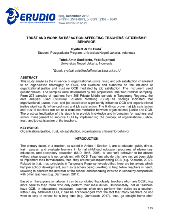 (PDF) TRUST AND WORK SATISFACTION AFFECTING TEACHERS' CITIZENSHIP BEHAVIOR