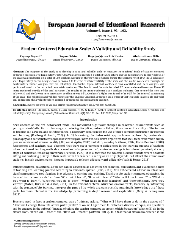 (PDF) Student Centered Education Scale: A Validity and Reliability Study