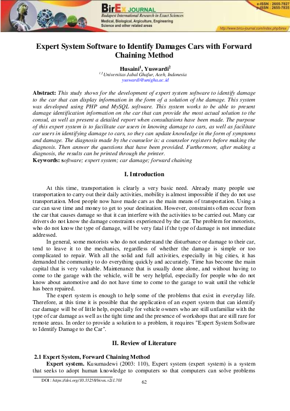 (PDF) Expert System Software to Identify Damages Cars with Forward Chaining Method | Wardi ...
