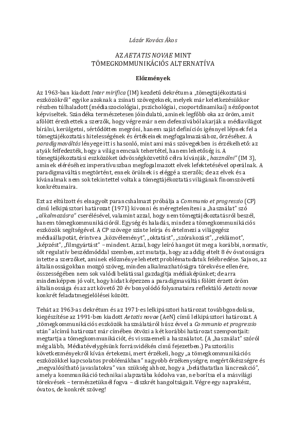 (PDF) Az Aetatis novae mint tömegkommunikációs alternatíva