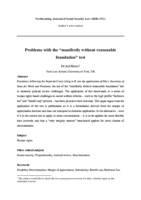 (DOC) Problems with the “manifestly without reasonable foundation” test ...