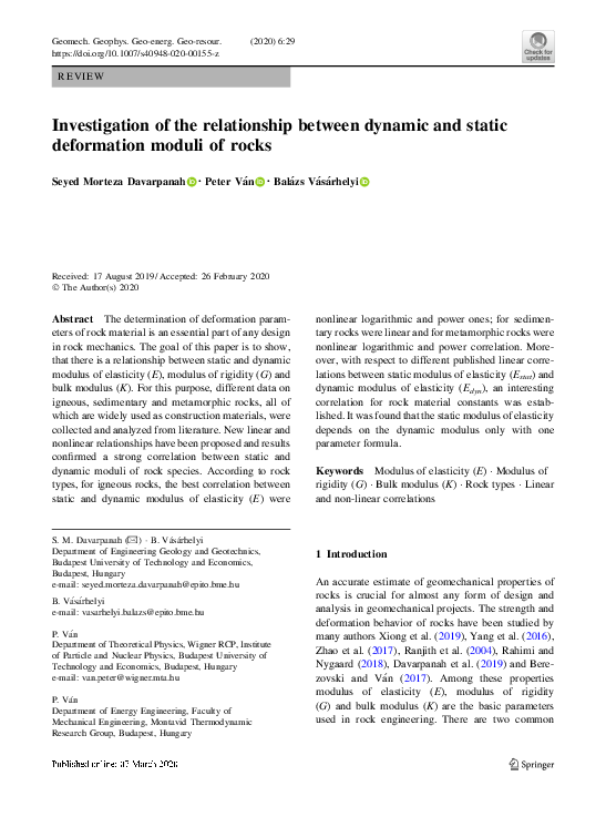 (PDF) Investigation of the relationship between dynamic and static deformation moduli of rocks