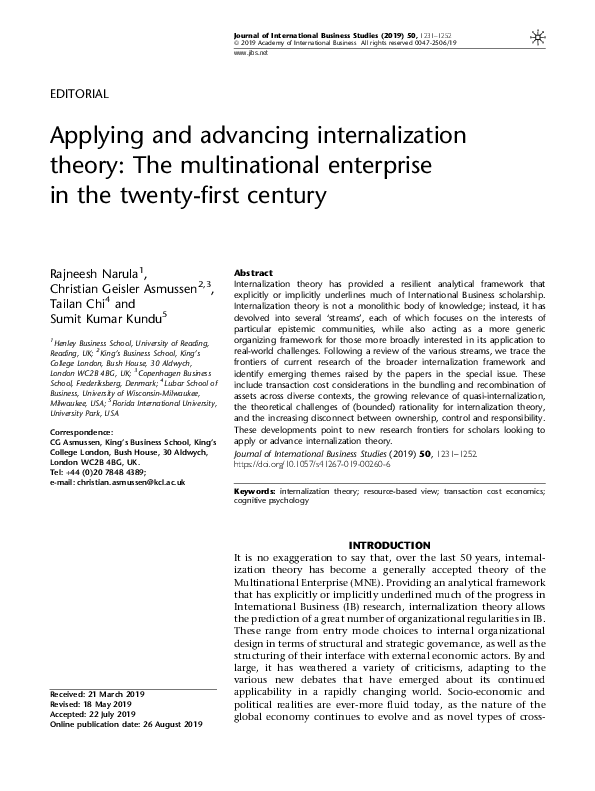 Pdf Applying And Advancing Internalization Theory The Multinational Enterprise In The Twenty