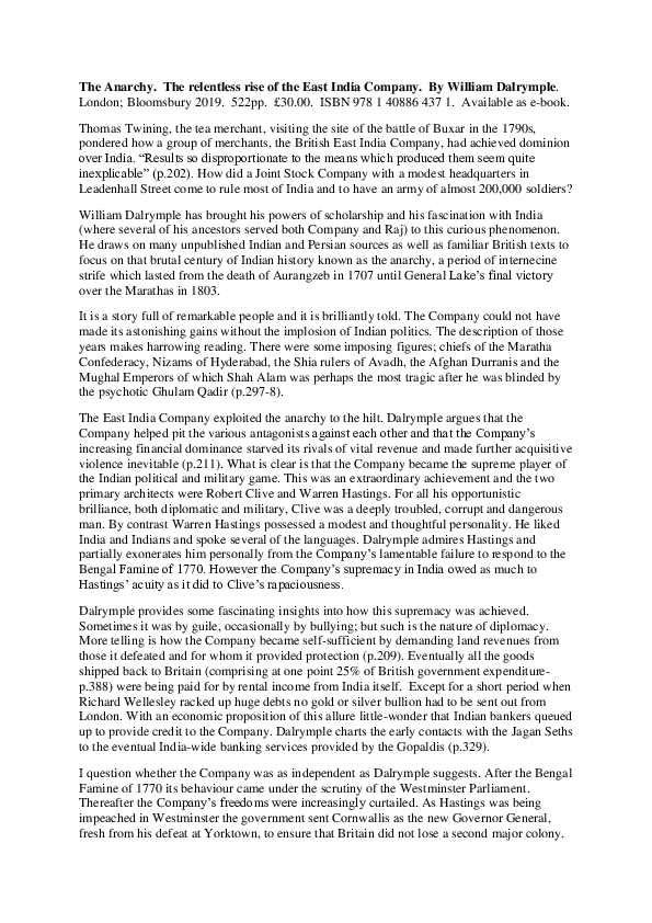 (PDF) Review of "The Anarchy; the relentless rise of the East India ...