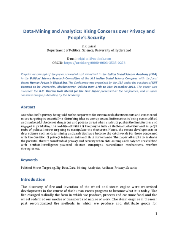 (PDF) Data-Mining and Analytics: Rising Concerns over Privacy and ...